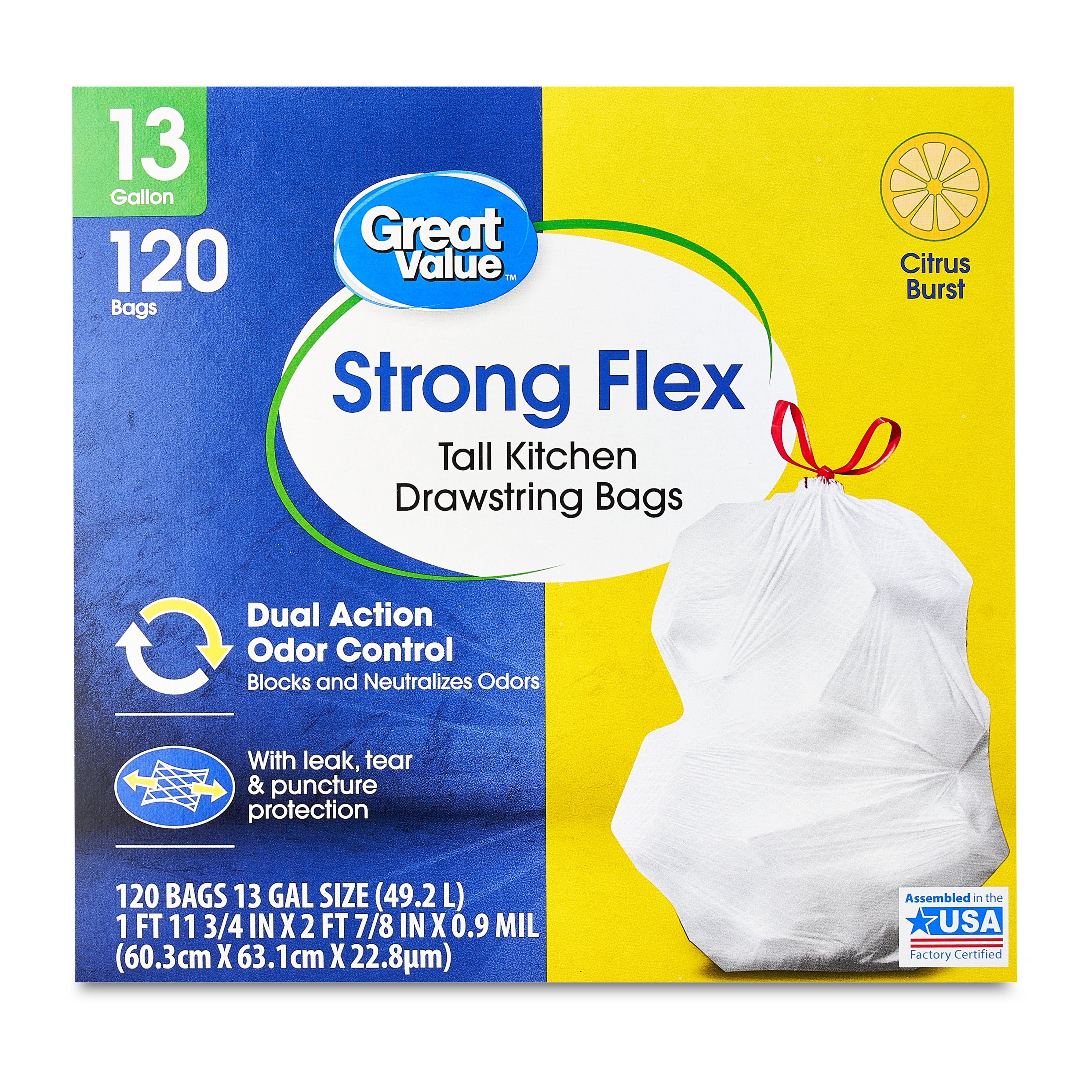 Great Value Strong Flex Tall Kitchen Drawstring Trash Bags, Citrus ...