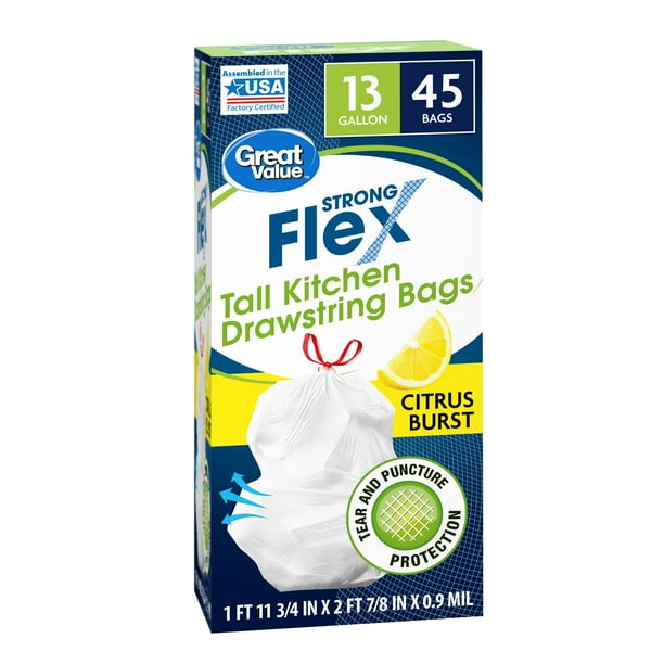 Great Value Strong Flex Tall Kitchen Drawstring Trash Bags, Citrus ...