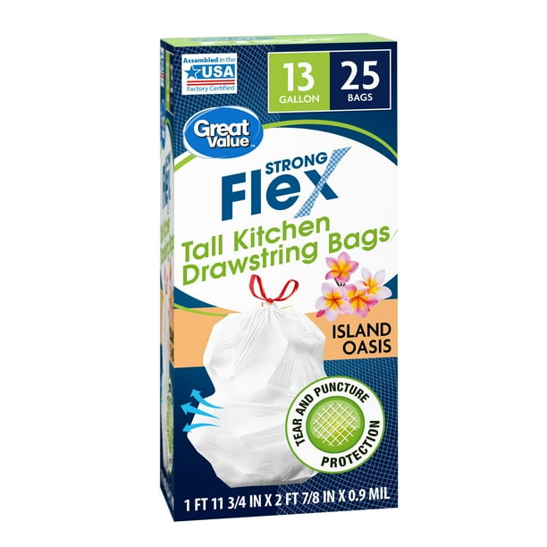 Great Value Strong Flex Tall Kitchen Drawstring Trash Bags, Island ...