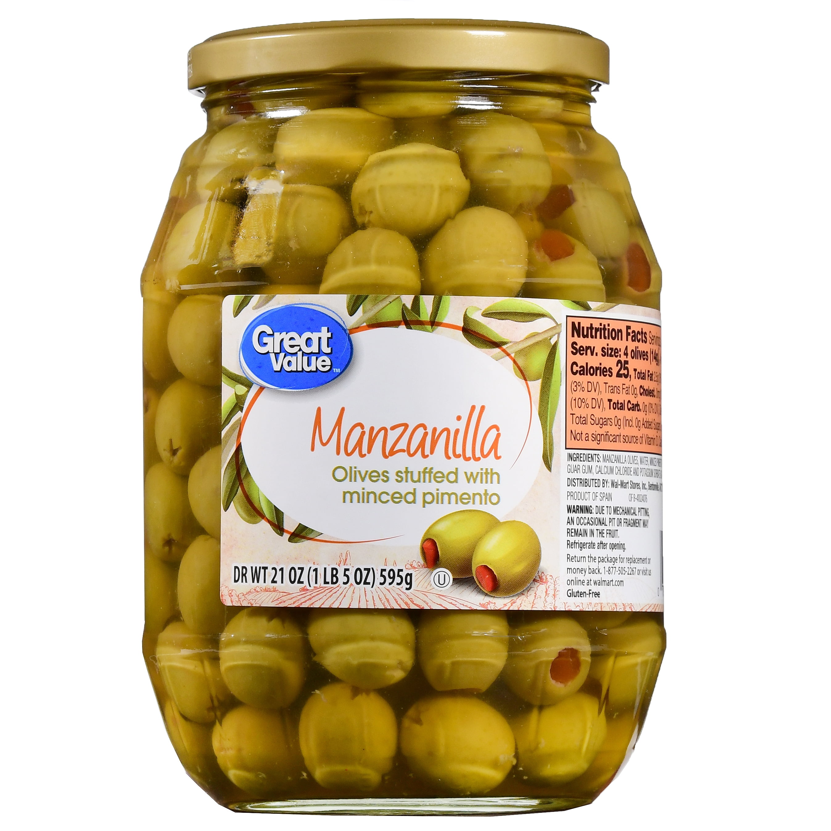 Great Value Stuffed Manzanilla Olives with Minced Pimento, 21 oz Jar ...