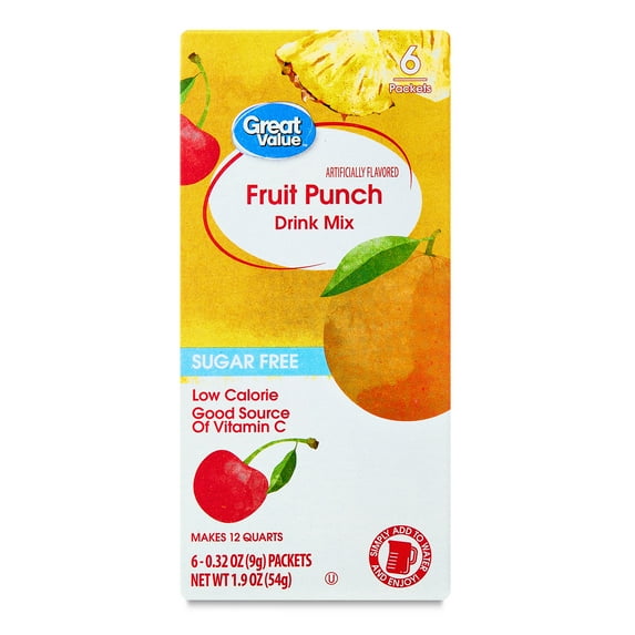 Great Value Fruit Punch Drink Mix 1.9 oz Pack of 6, Low Calorie ...