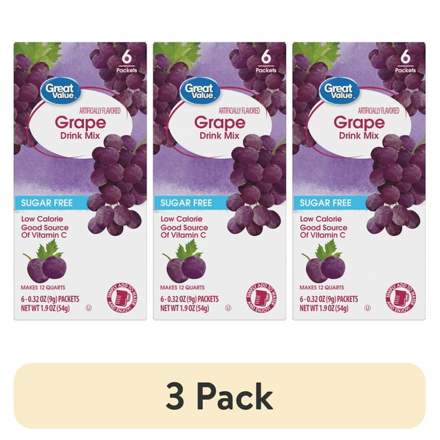 (3 pack) Great Value Sugar-Free Grape Drink Mix Powder, 1.9 oz, 6 Count ...