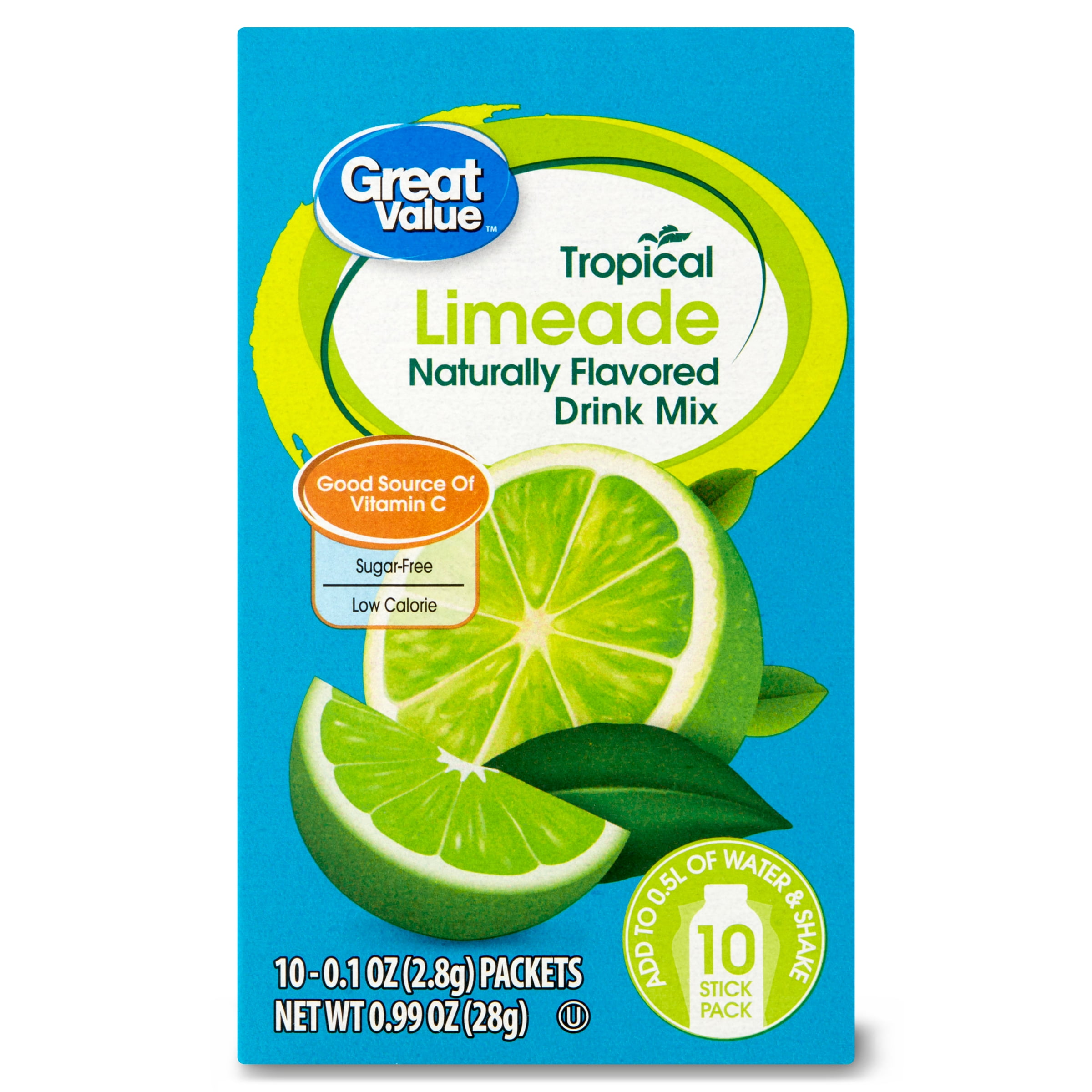Great Value Sugar-Free Tropical Limeade Drink Mix, .99 oz, 10 Count ...