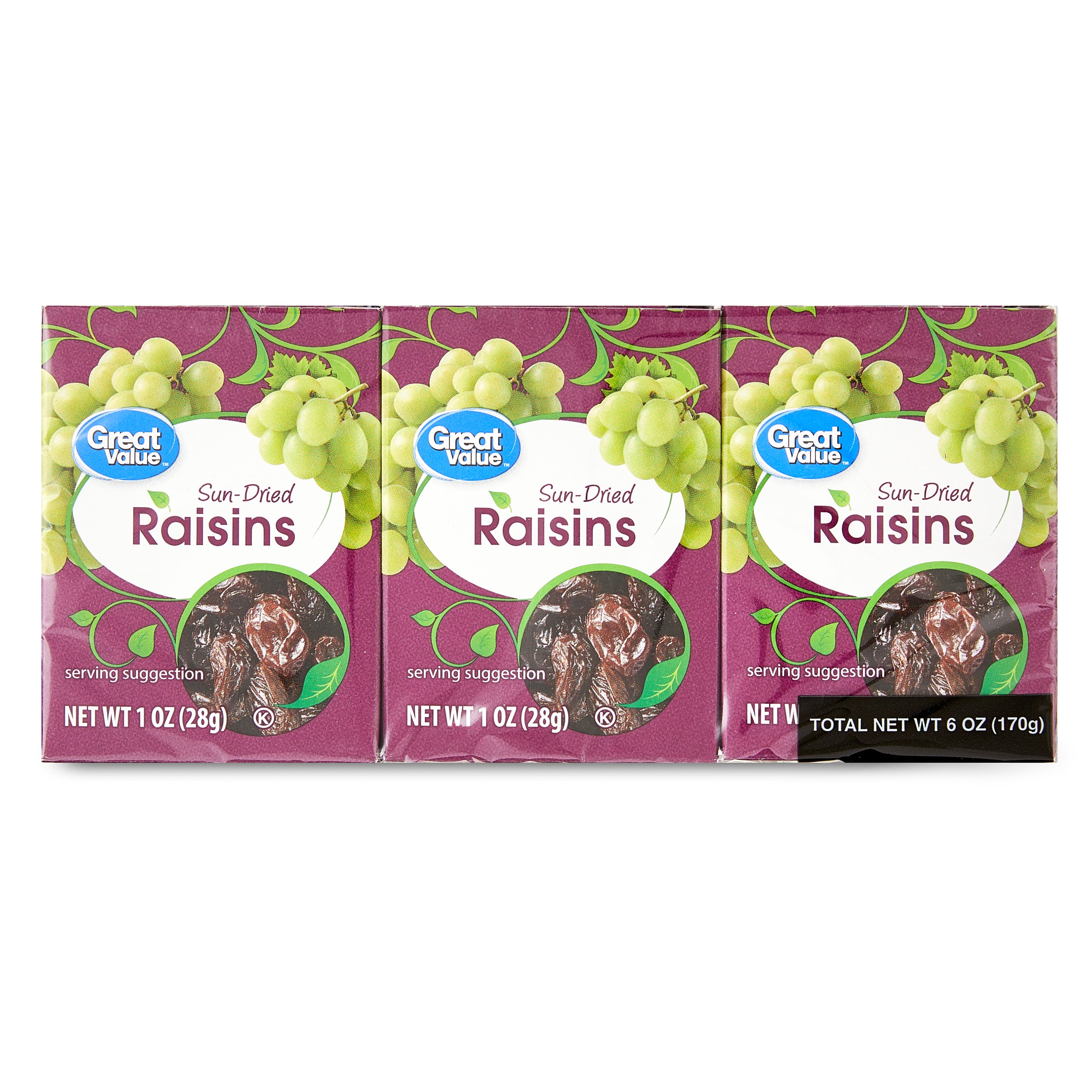 Great Value Sun-Dried Raisins, 6 Pack, Seedless Snack, 6 x 1oz Cartons ...