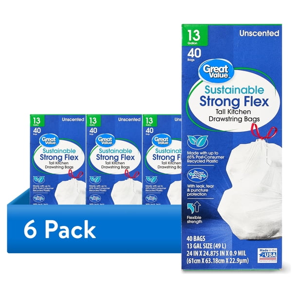 (6 pack) Great Value Sustainable Strong Flex 13-Gallon Drawstring Tall ...