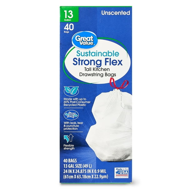 Great Value Sustainable Strong Flex 13-Gallon Drawstring Tall Kitchen ...