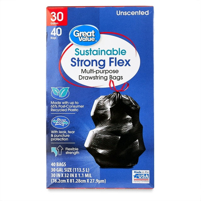 Great Value Sustainable Strong Flex 30-Gallon Drawstring Large Multi ...