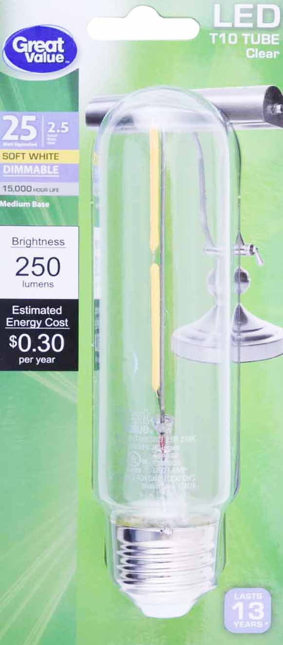 Great Value T10 Tube Light Bulb, 2.5 Watts (25W Equiv), Soft White ...
