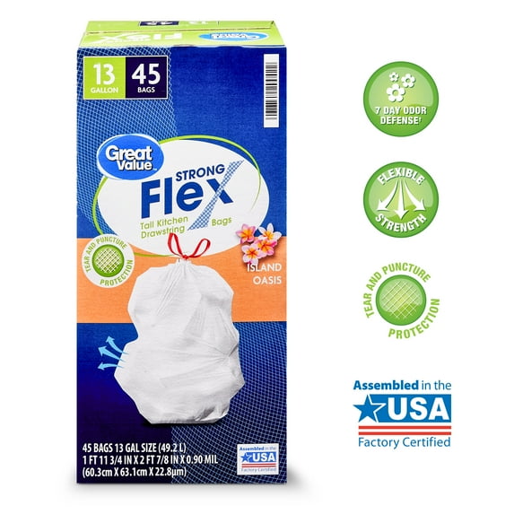 Great Value Tall Kitchen Drawstring Bags, 13 gallon, Island Oasis, 45 ...