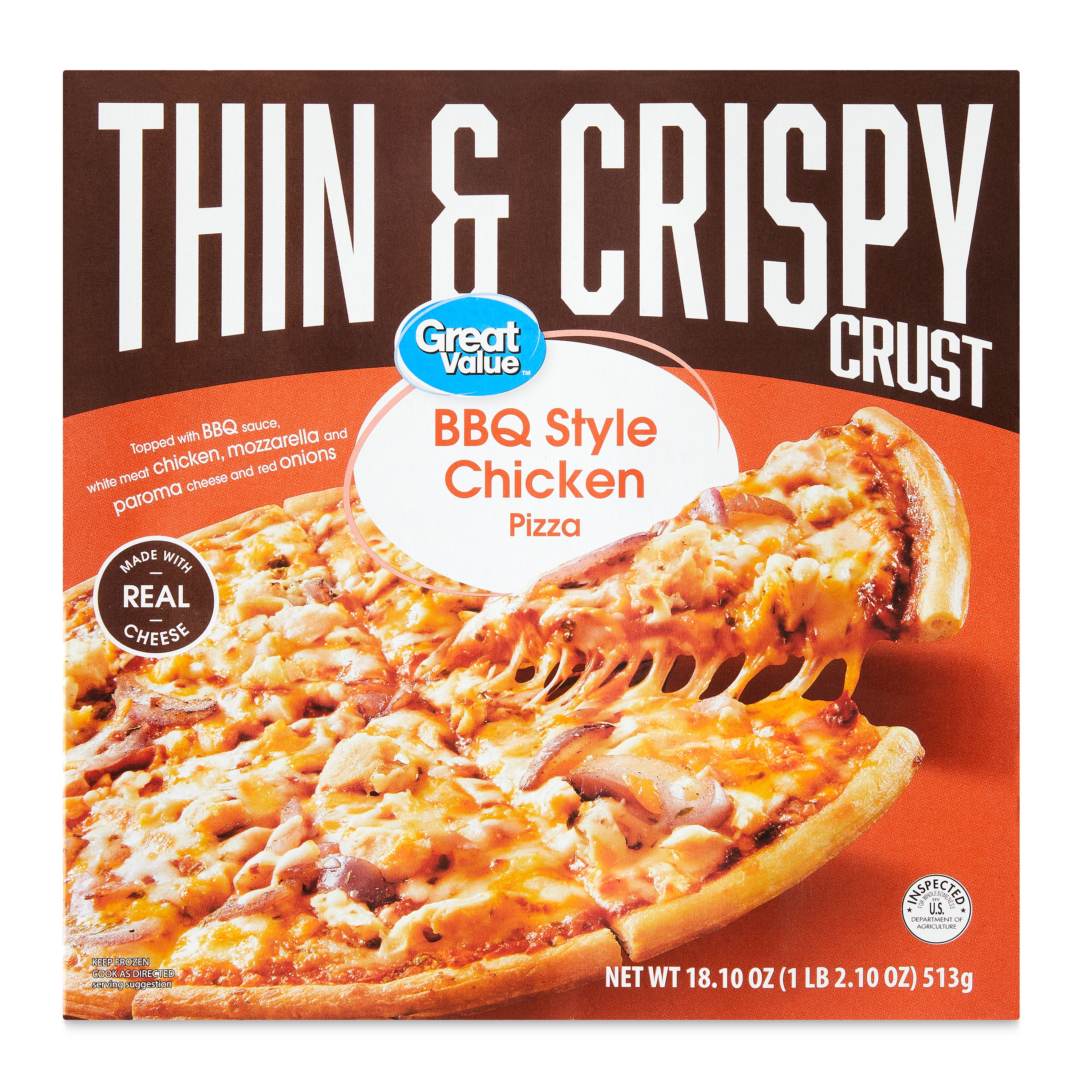 Great Value BBQ Chicken Thin Crust Pizza 18.1 oz Frozen with White Meat ...