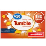 Great Value Laundry Fresh Tumble Dryer Sheets 180 Count Reduce Static ...