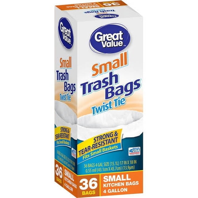 Great Value Twist Tie Small Kitchen Bags, 4 Gallon, 36 Count - Walmart ...