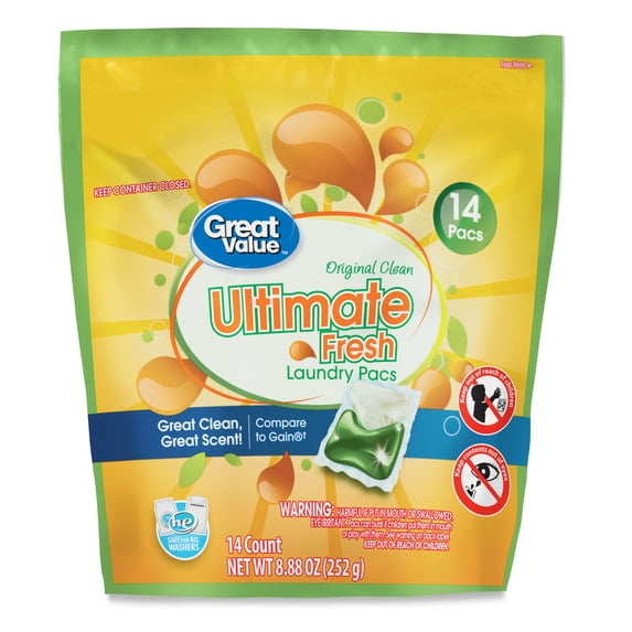 Great Value Laundry Detergent Pacs, Original Clean, 14 Count, Safe for ...