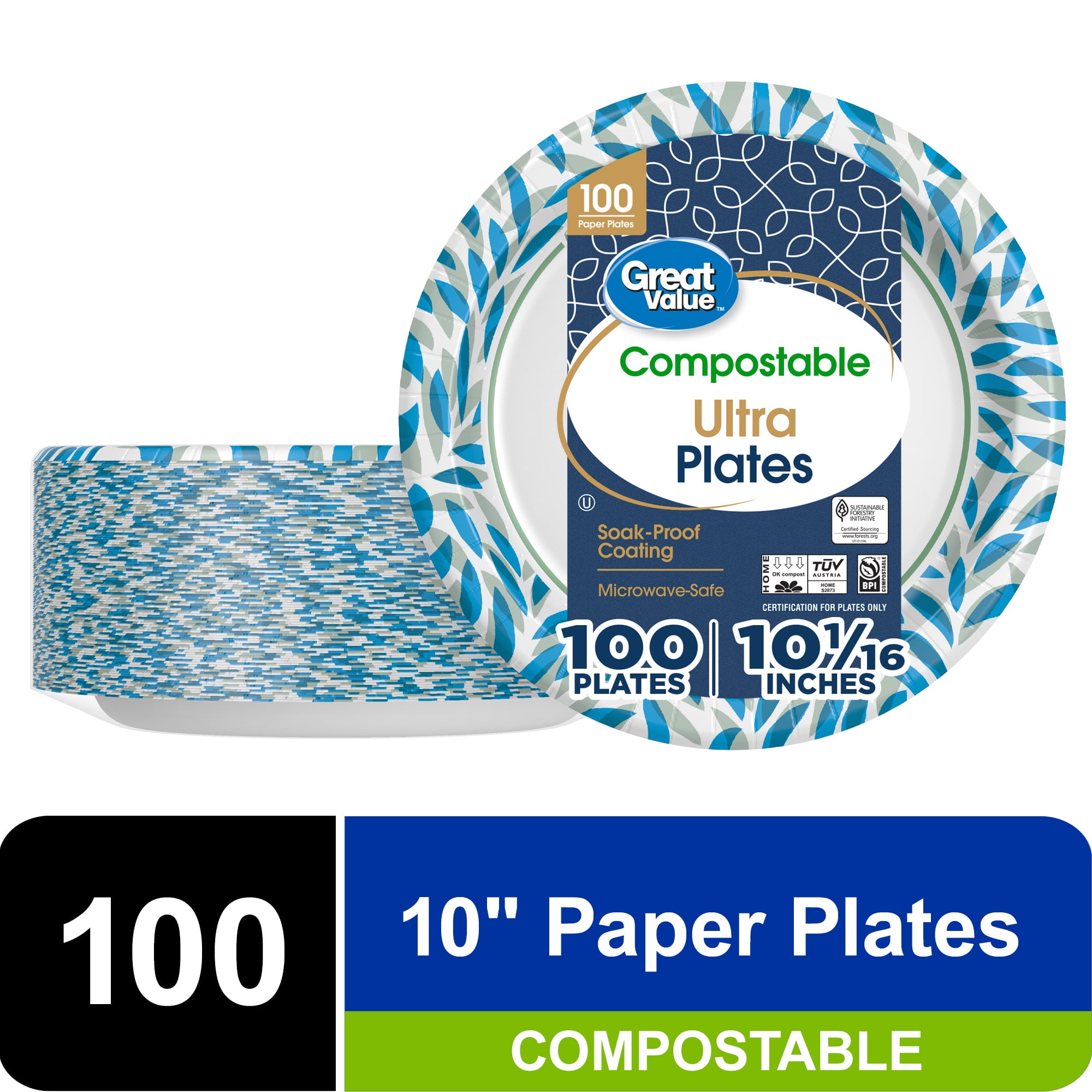Great Value Ultra Compostable Disposable Paper Plates, 10", Multi-Color ...