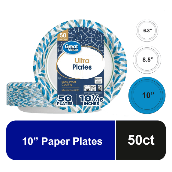 Great Value Ultra Compostable Paper Plates, White, 10 1/16 Inch, 50 ...