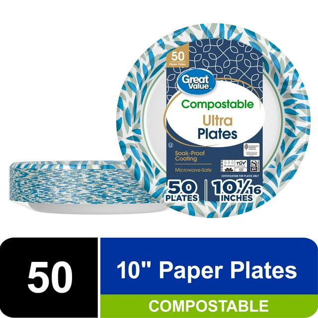 Great Value Ultra Compostable Disposable Paper Plates, 10", Multi-Color ...