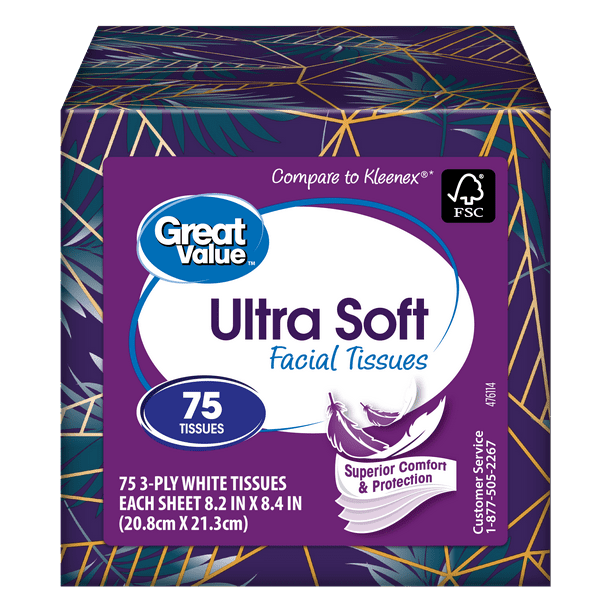 Great Value Ultra Soft Facial Tissues, 1 Cube Carton, 75 Tissues per ...