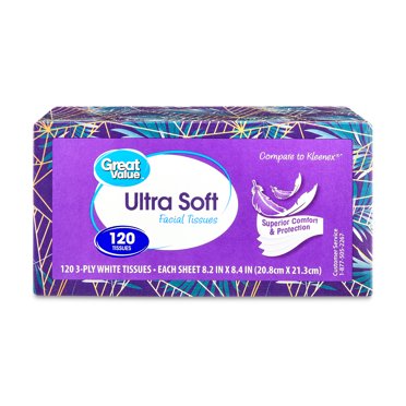 Great Value Lotion Soothing Facial Tissues, 3 Flat Boxes (360 Total ...