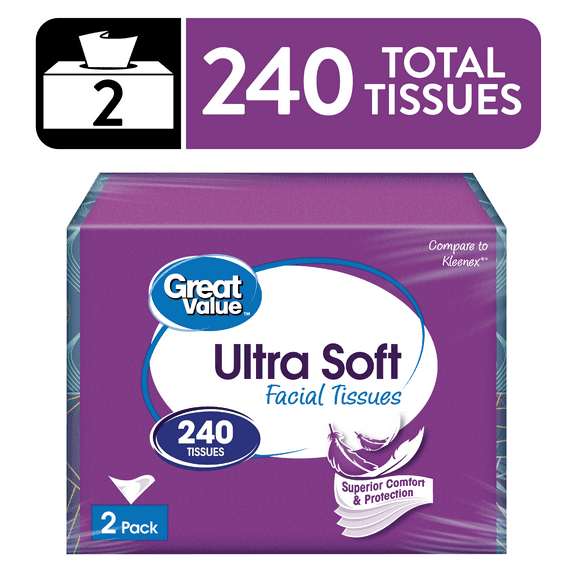 Great Value Ultra Soft Facial Tissues, 2 Flat Cartons, 120 Tissues per ...