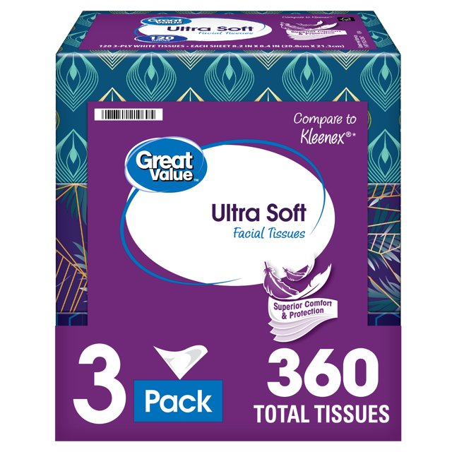 Great Value Ultra Soft Facial Tissues, 3 Flat Boxes (360 Total Tissues ...