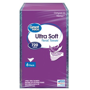 Great Value Lotion Soothing Facial Tissues, 3 Flat Boxes (360 Total ...