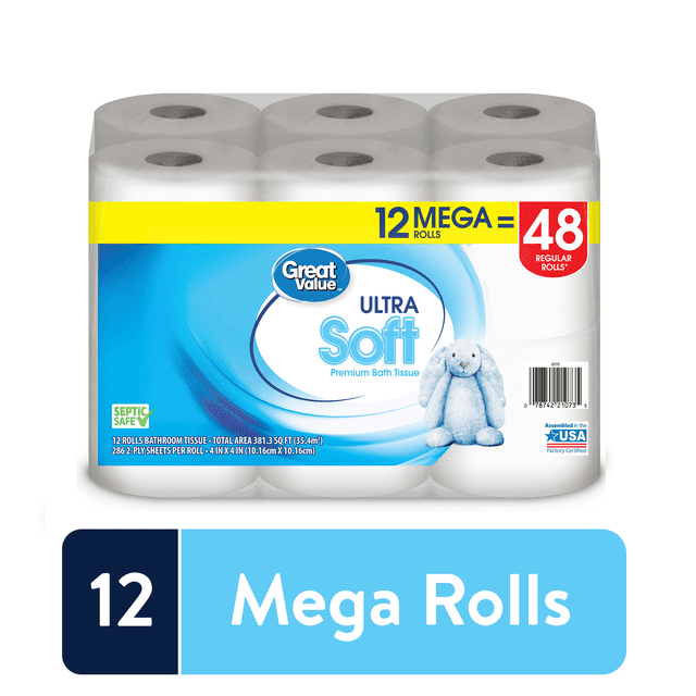 Great Value Ultra Soft Premium Toilet Paper, 12 Mega Rolls = 48 Regular ...