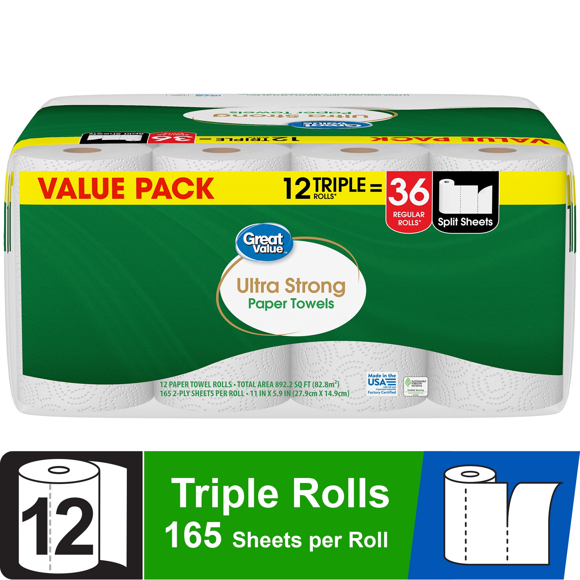 Great Value Ultra Strong Paper Towels Bulk 12 Triple Rolls Absorbent ...