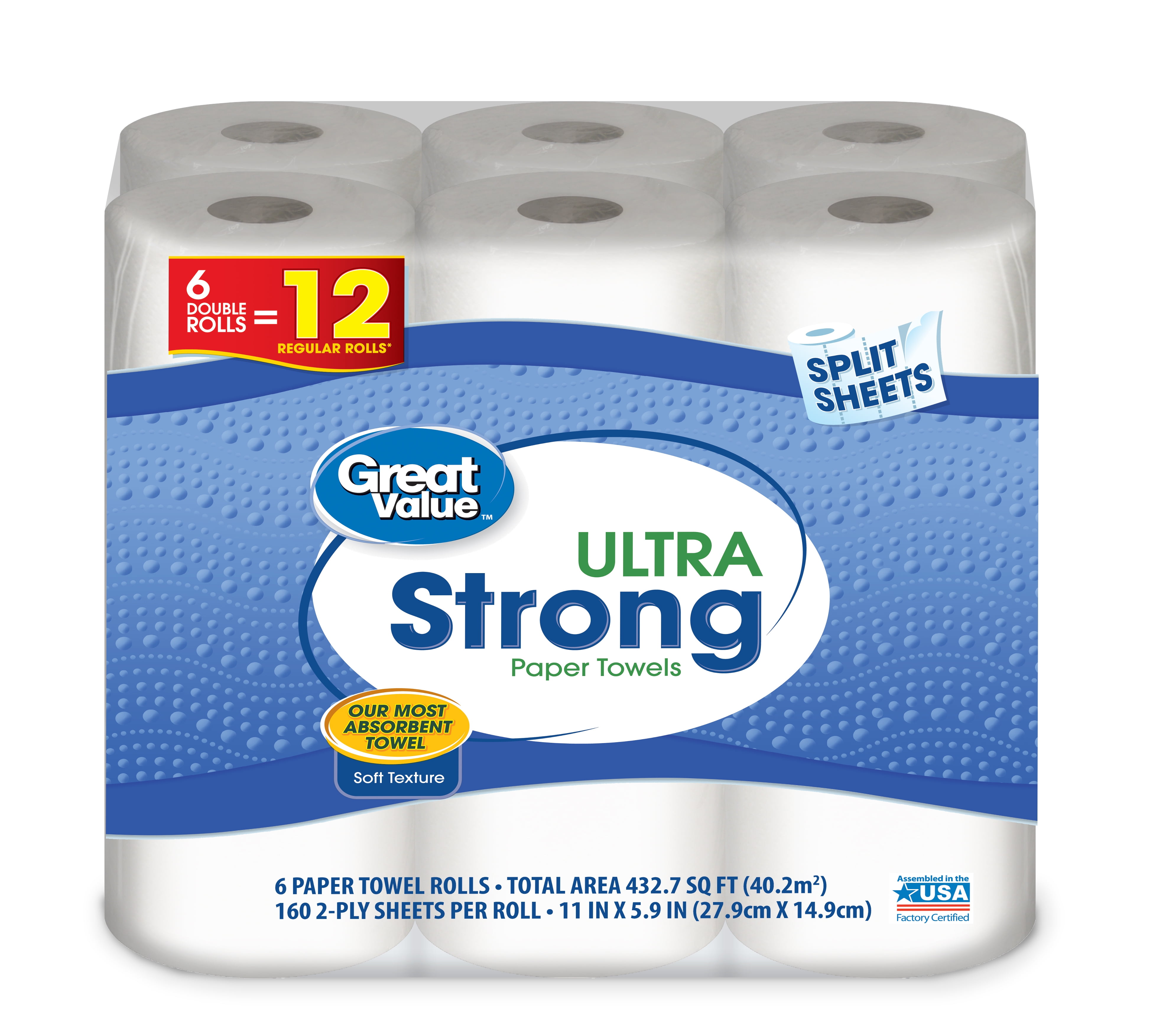 Great Value Ultra Strong Paper Towels, Split Sheet, 6 Double Rolls ...