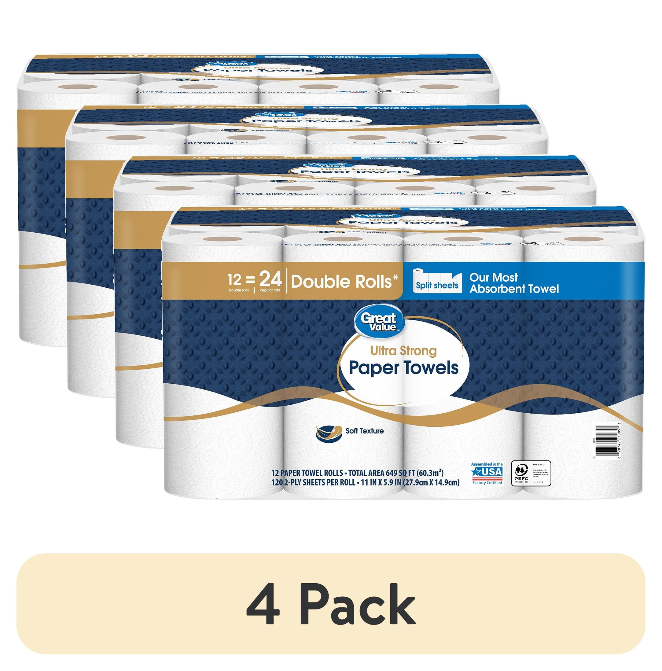 (4 pack) Great Value Ultra Strong Paper Towels, Split Sheets, 12 Double ...