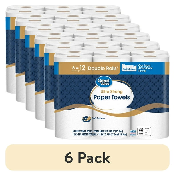 (6 pack) Great Value Ultra Strong Paper Towels, Split Sheets, 6 Double ...