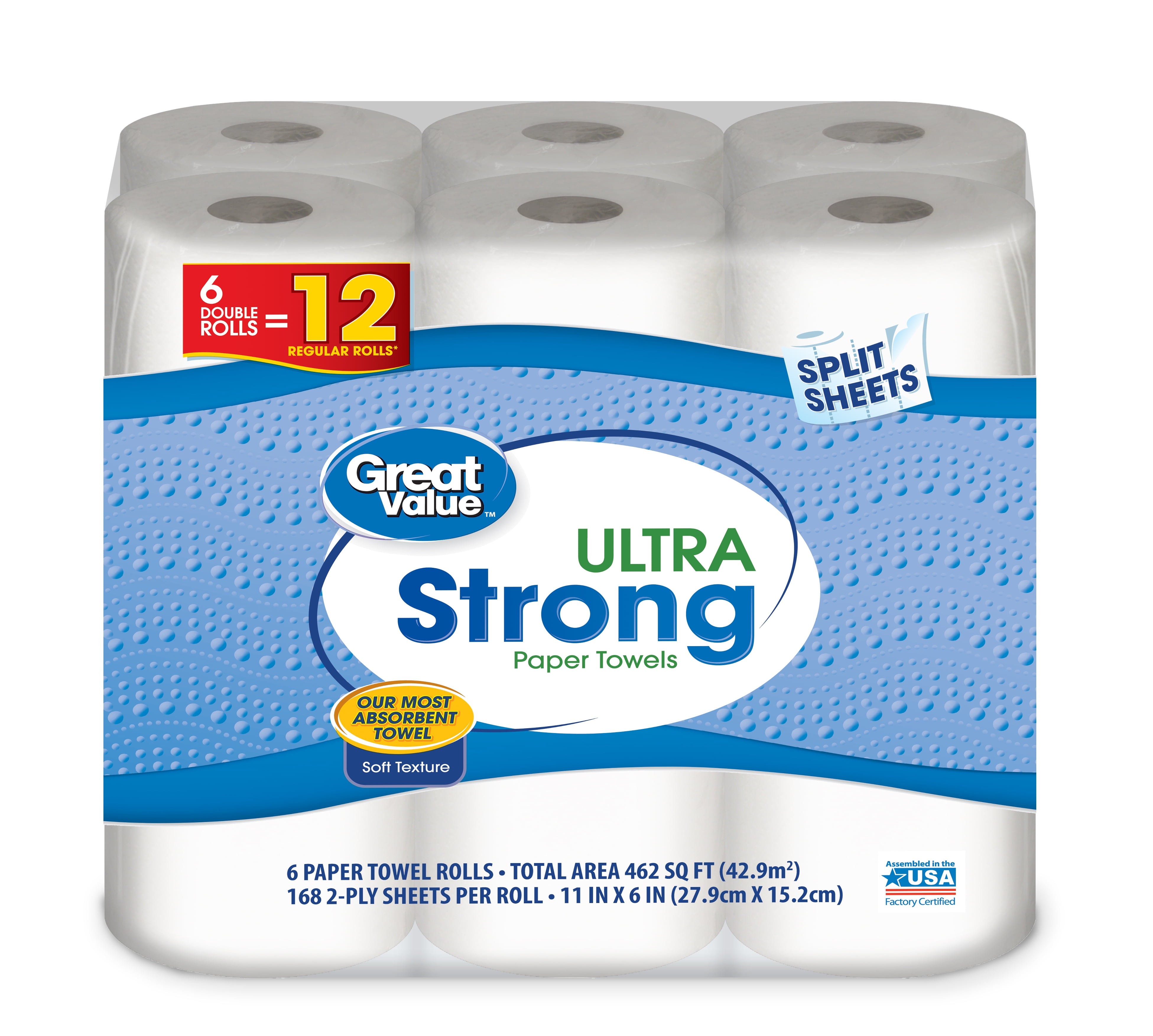 Great Value Ultra Strong Paper Towels, Split Sheets, 6 Double Rolls ...