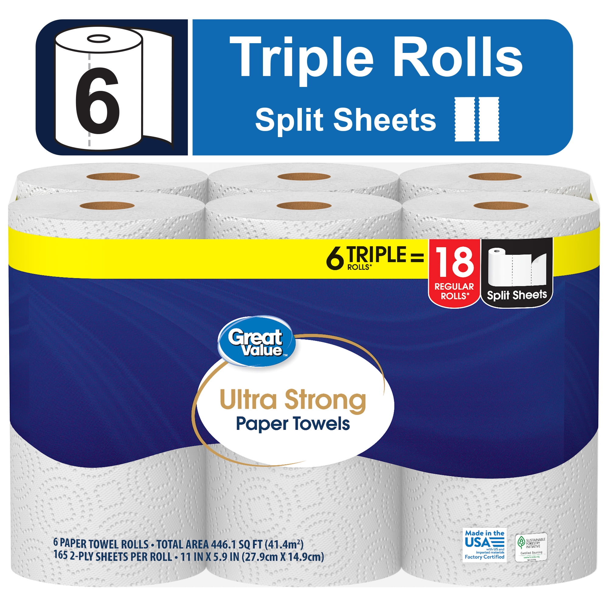 Great Value Ultra Strong Paper Towels, 6 Triple Rolls - Walmart.com