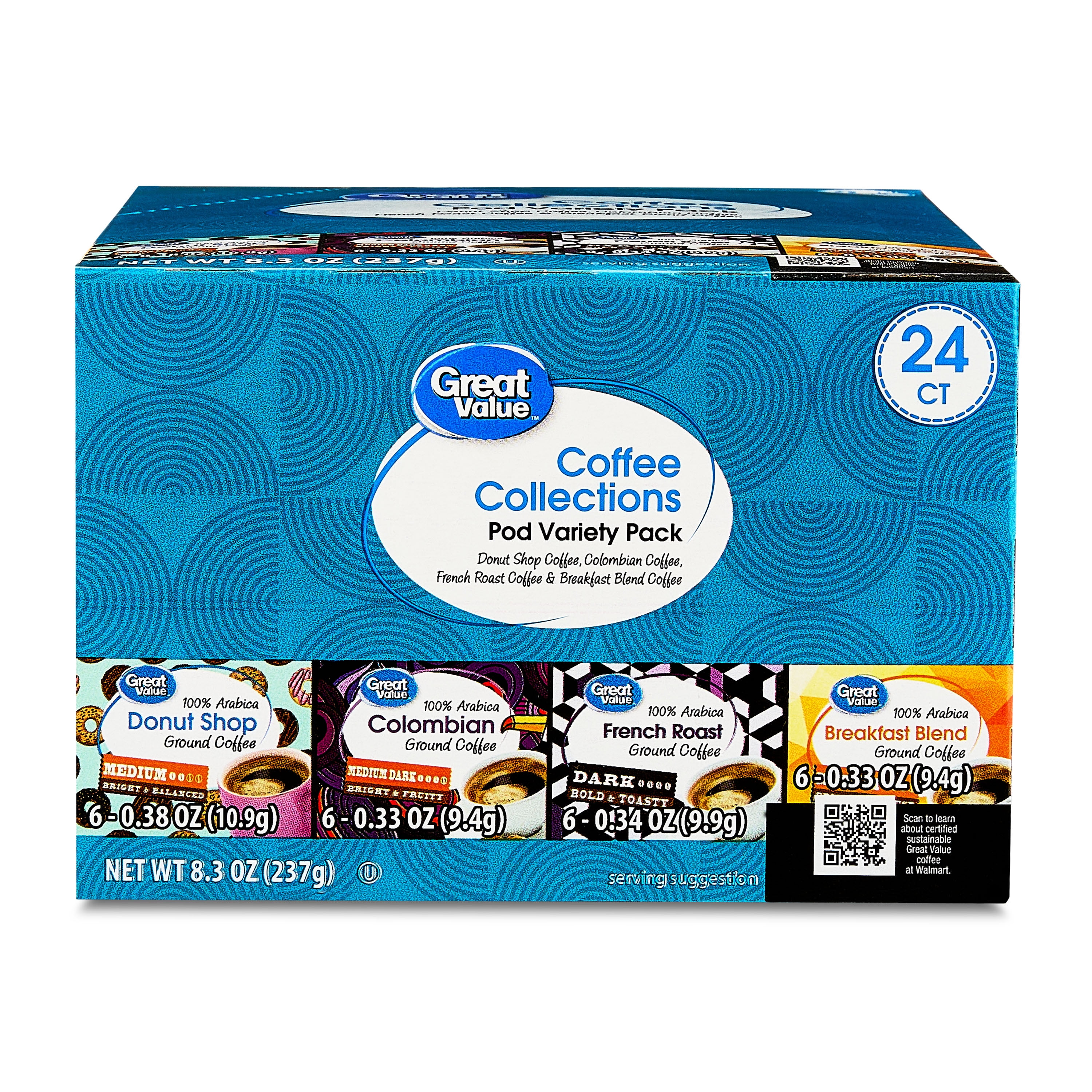 Great Value Unflavored Ground Coffee Pods Variety Pack, 8.3 oz, 24 ...