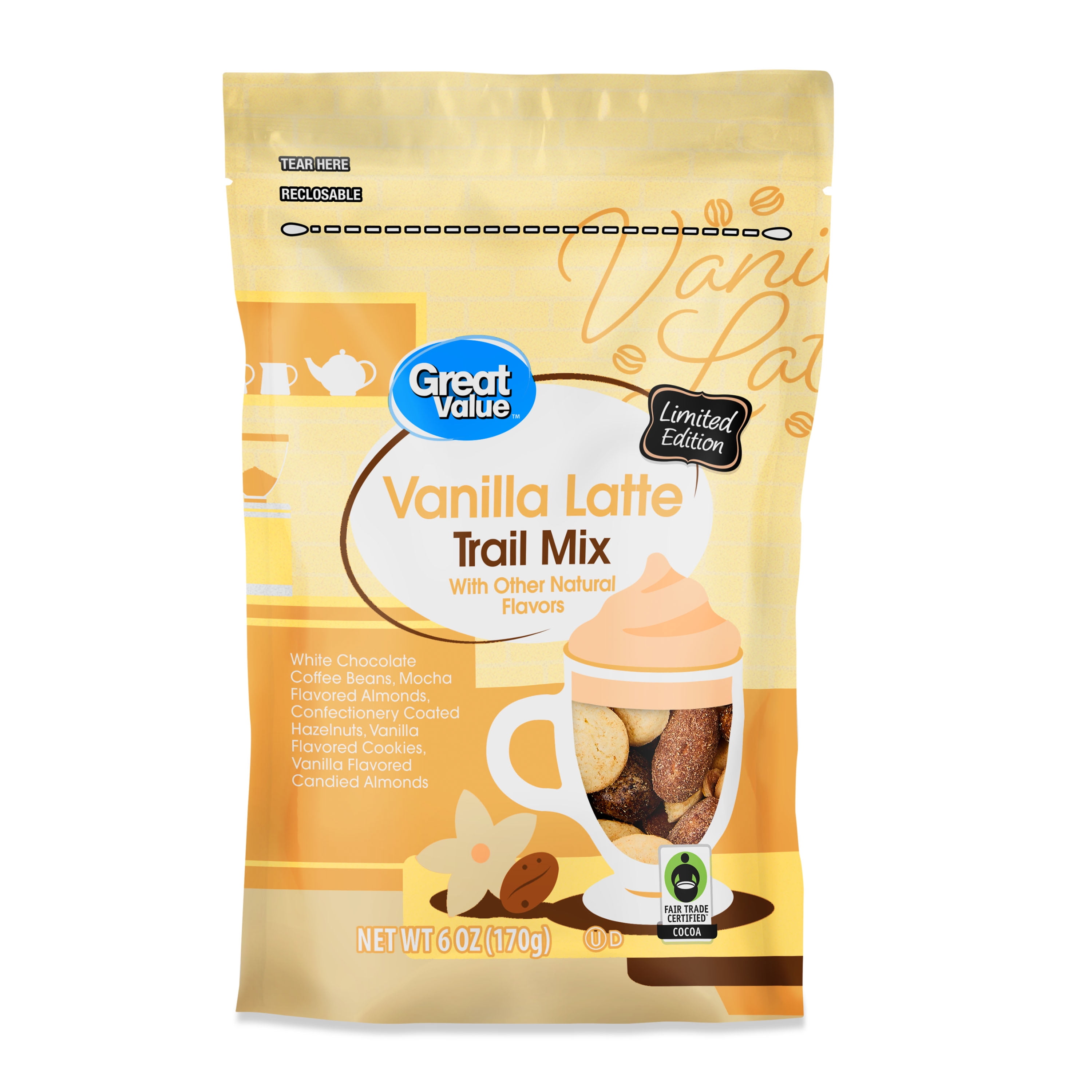 Great Value Vanilla Latte Trail Mix 6 oz with white chocolate coffee ...
