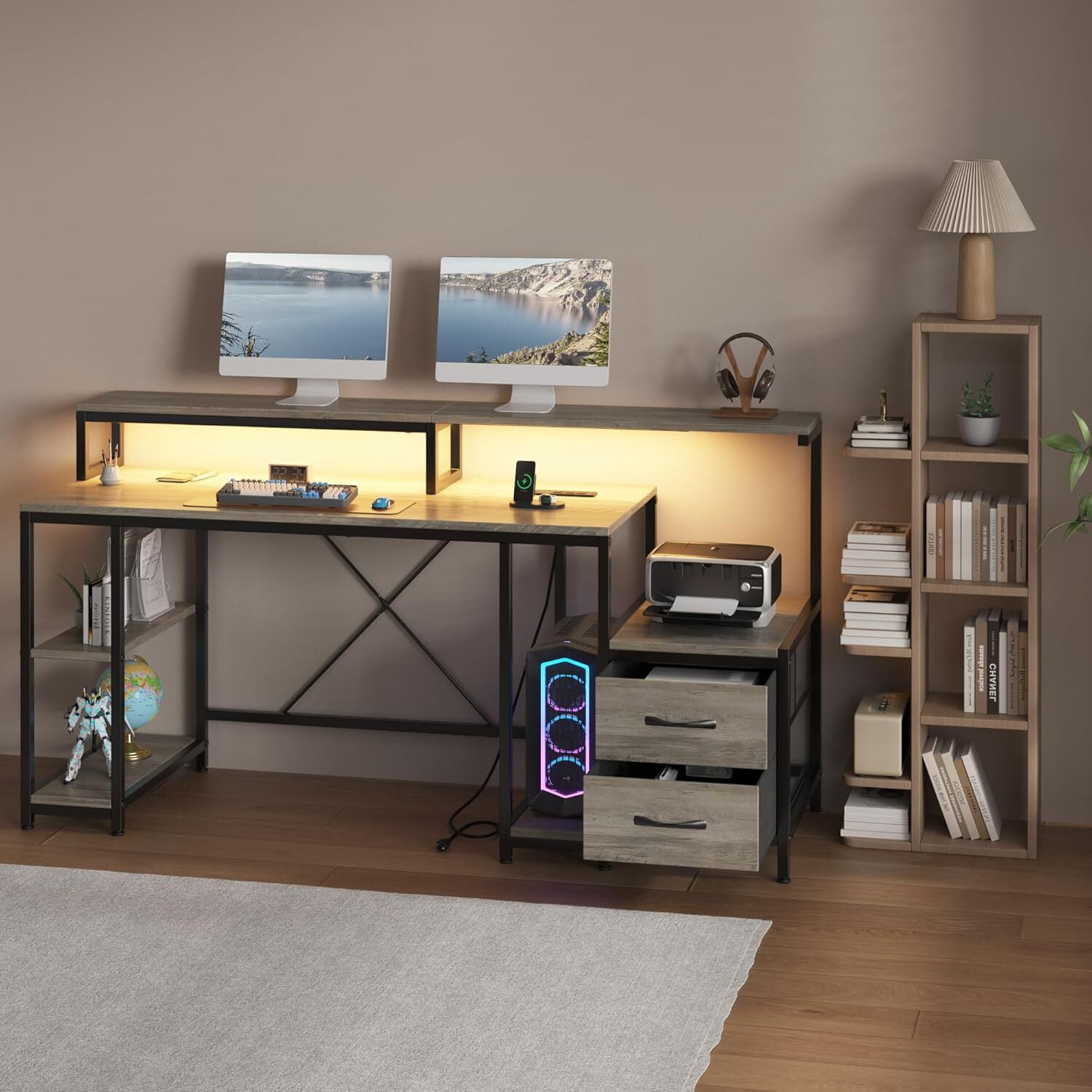 Great Value Versatile 63" Computer Desk with File Drawer, LED Lighting ...
