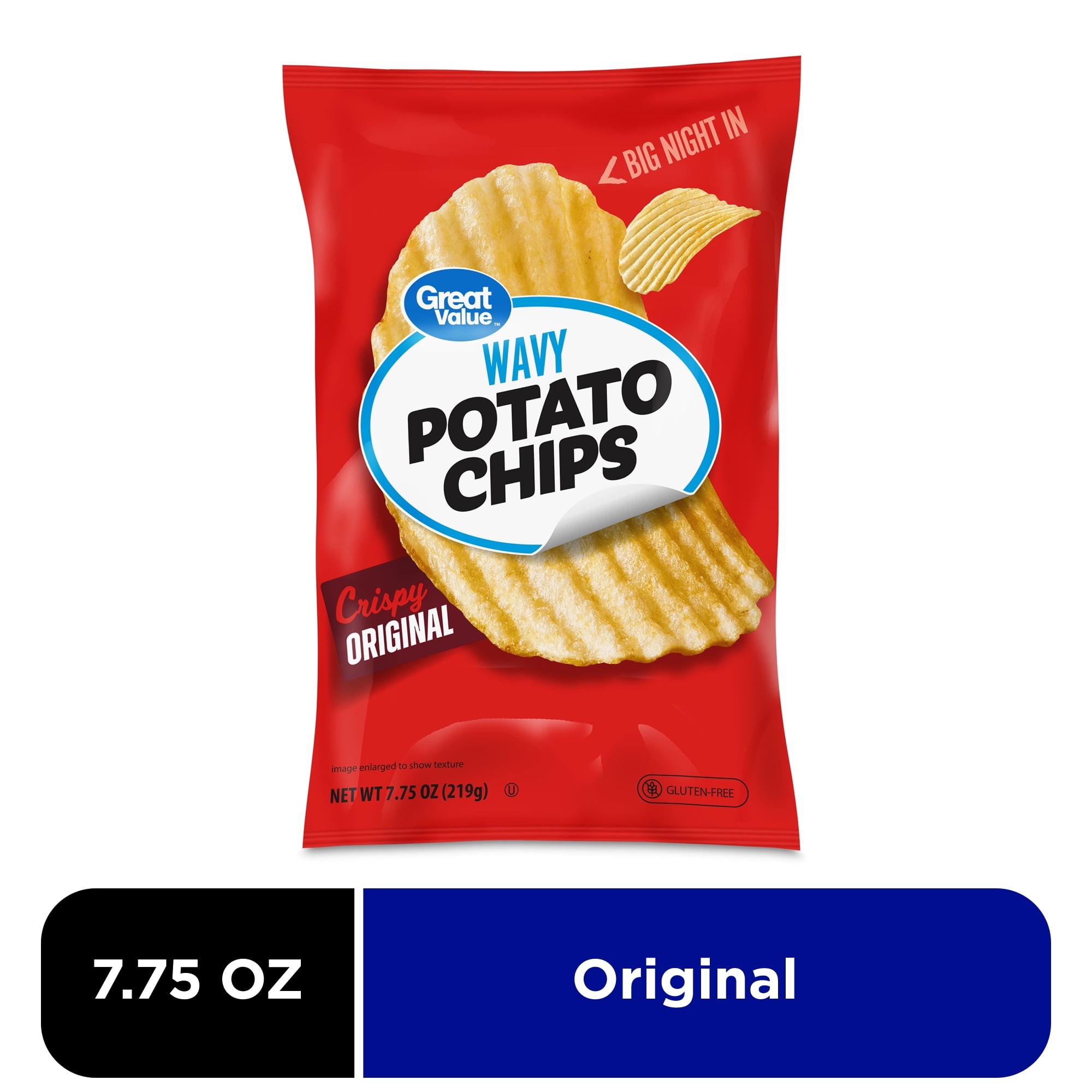 Great Value Wavy Original Potato Chips 7.75 oz Salty Crunch Snack ...
