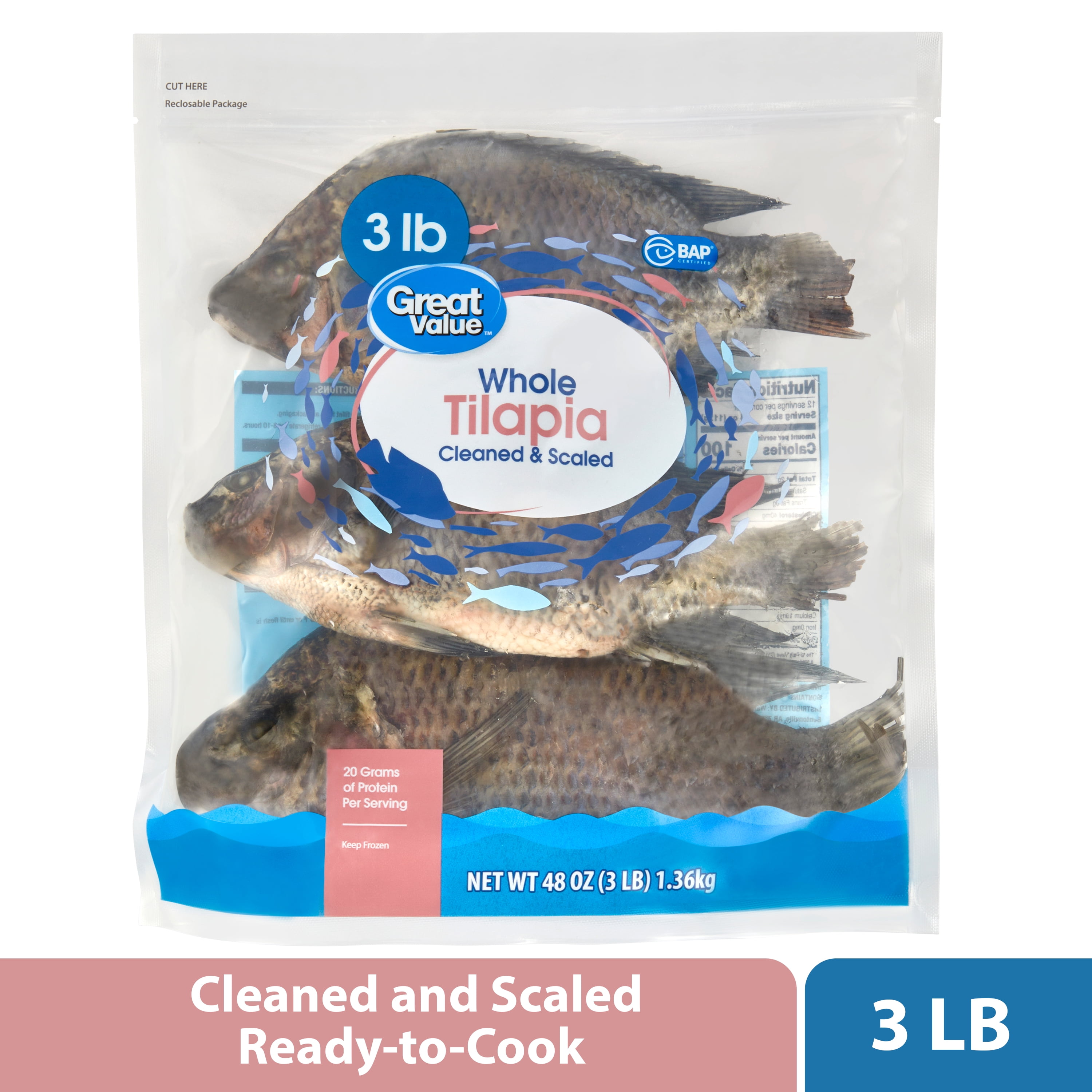 Great Value Fresh Whole Tilapia 3 lb Frozen with Mild Sweet Flavor ...