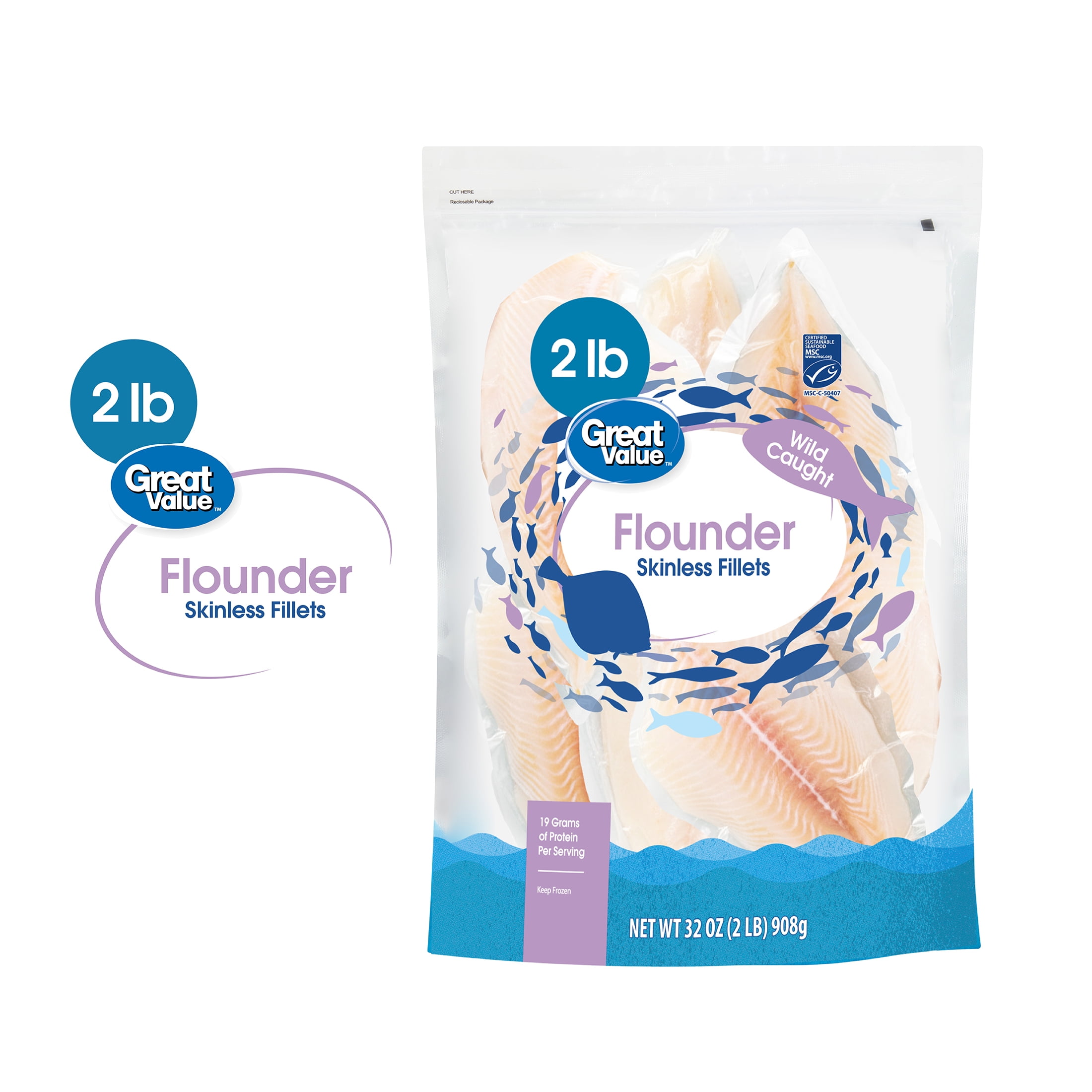 Great Value Wild Caught Flounder Fillets 2lb Skinless Frozen Seafood ...