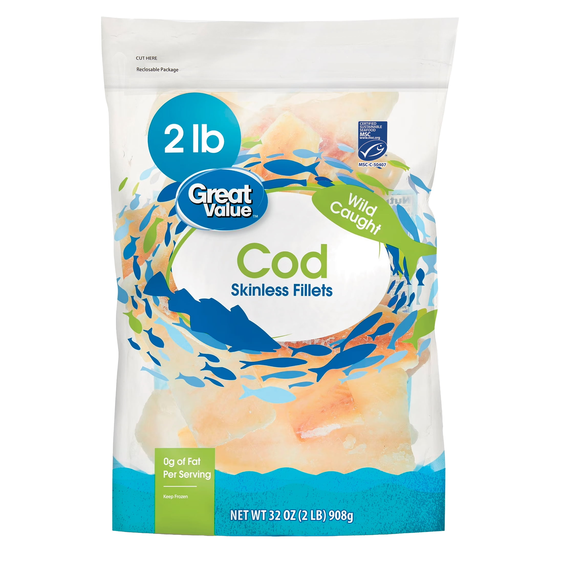 Great Value Wild Caught Skinless Cod Fillets, 2 lb Frozen Fish with ...