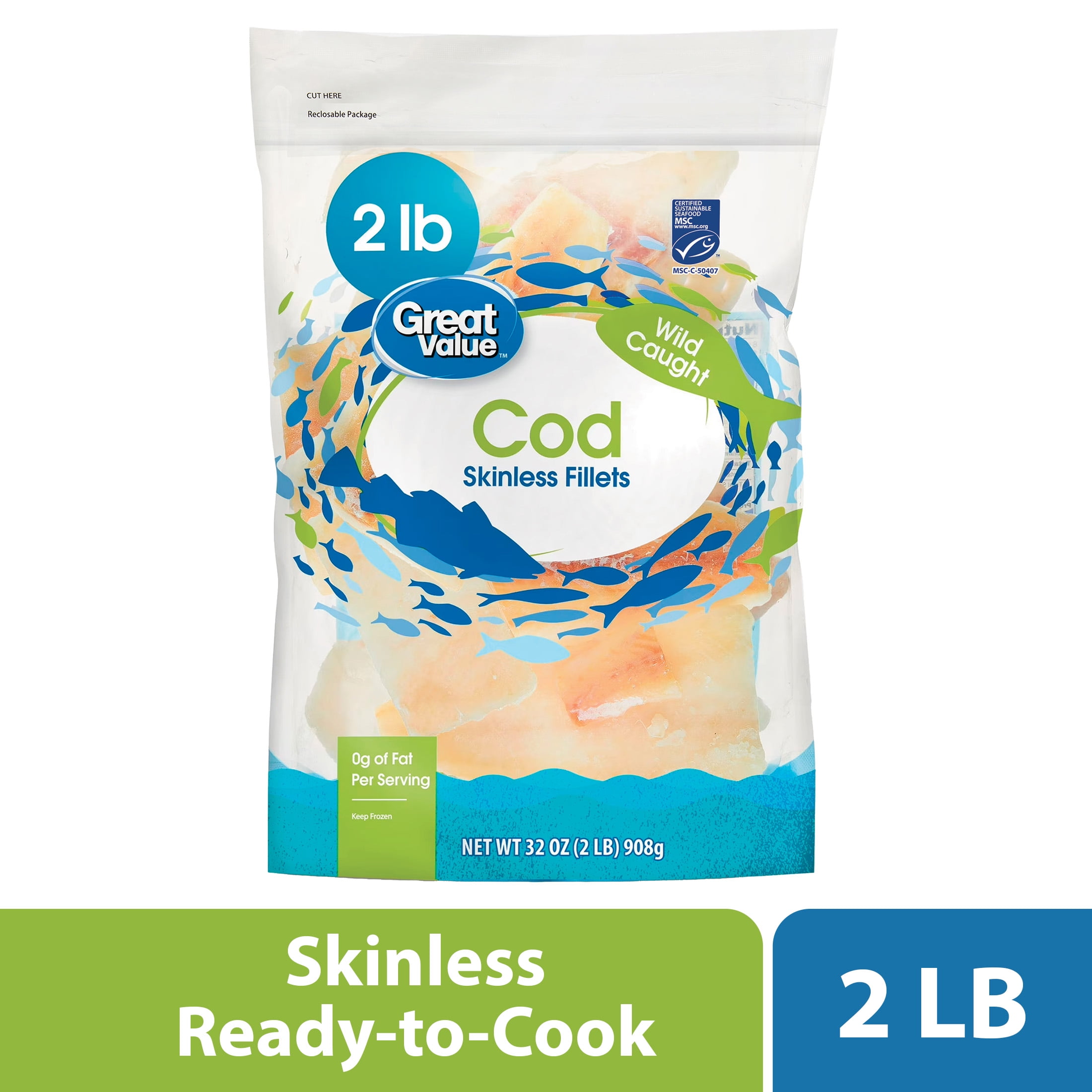 Great Value Wild Caught Skinless Cod Fillets, 2 lb Frozen Fish with ...