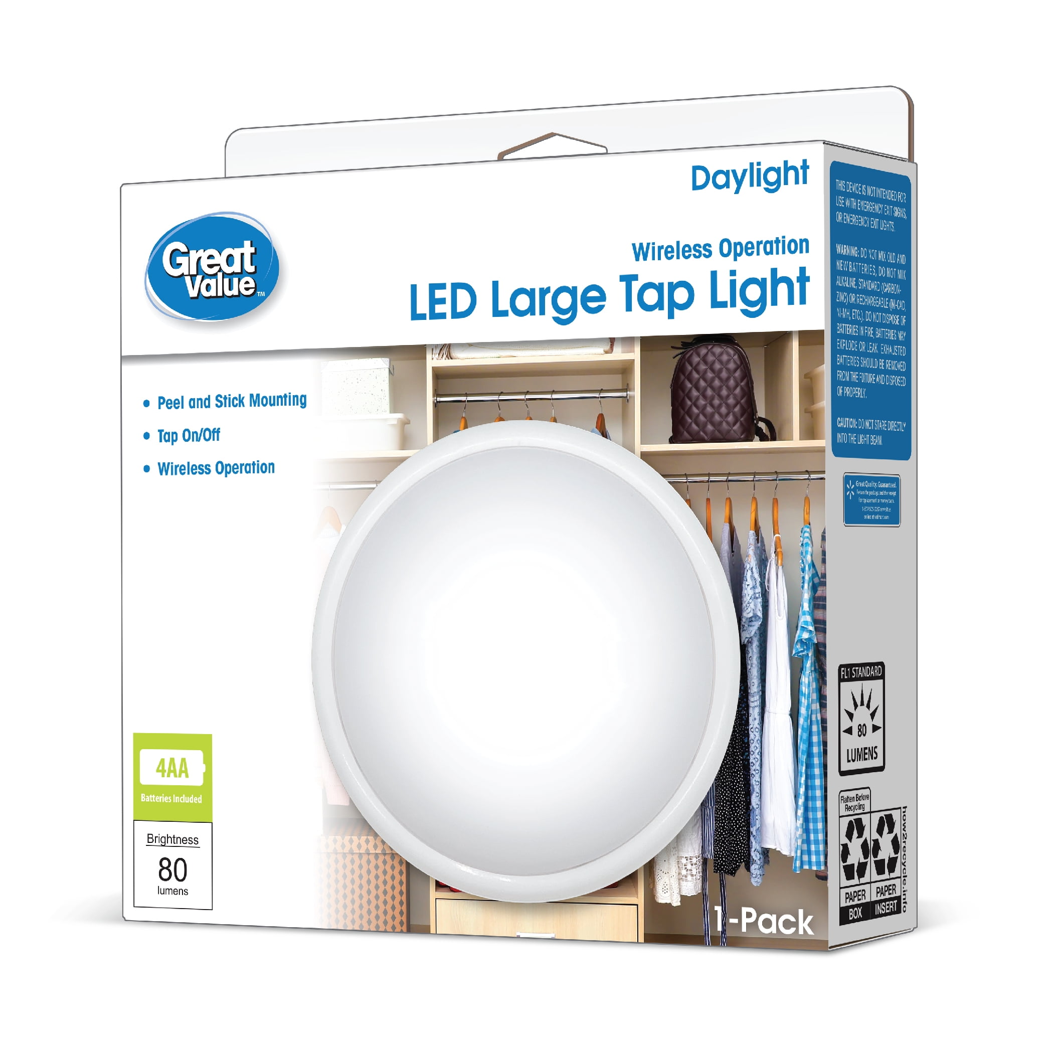 Great Value Wireless LED Tap Light, Large, 80 Lumens, Tap On Off, Peel ...