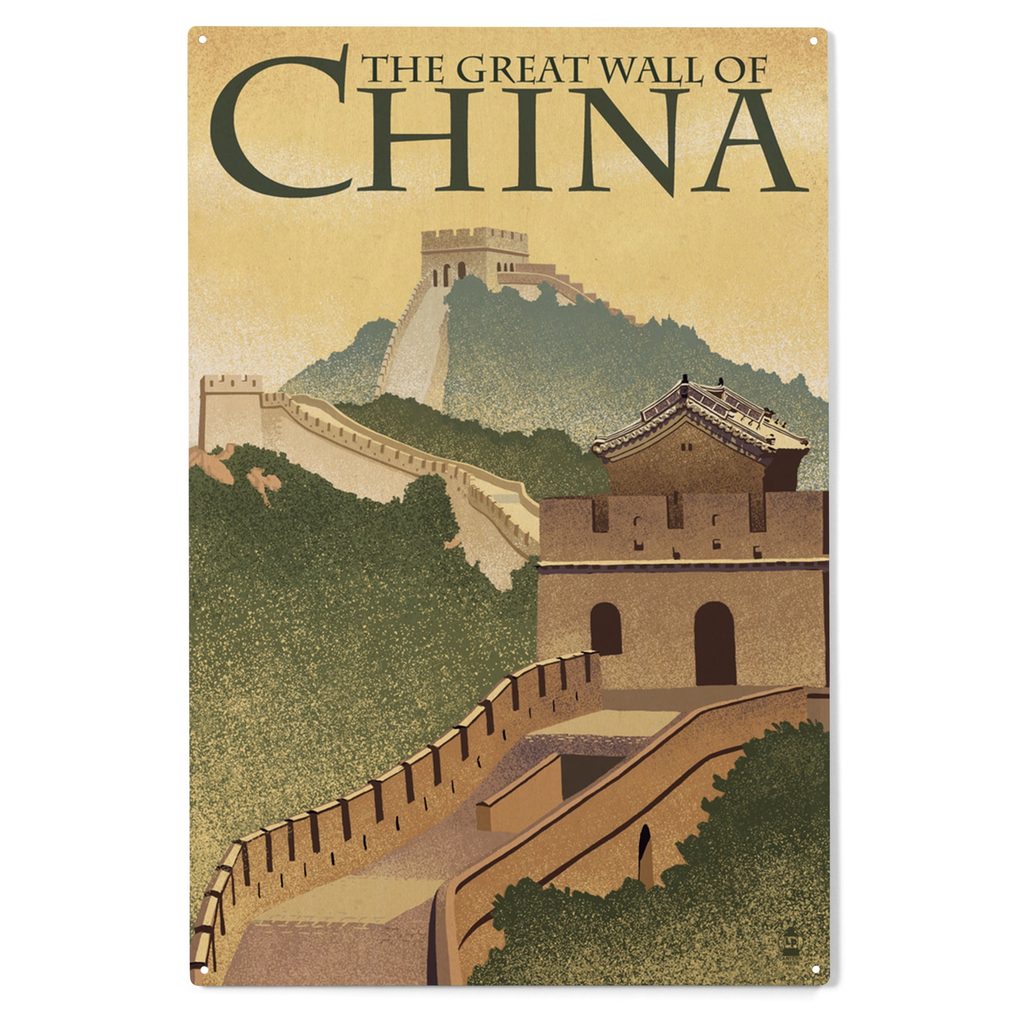 Great Wall of China, Lithograph Style Birch Wood Wall Sign (10x15 ...