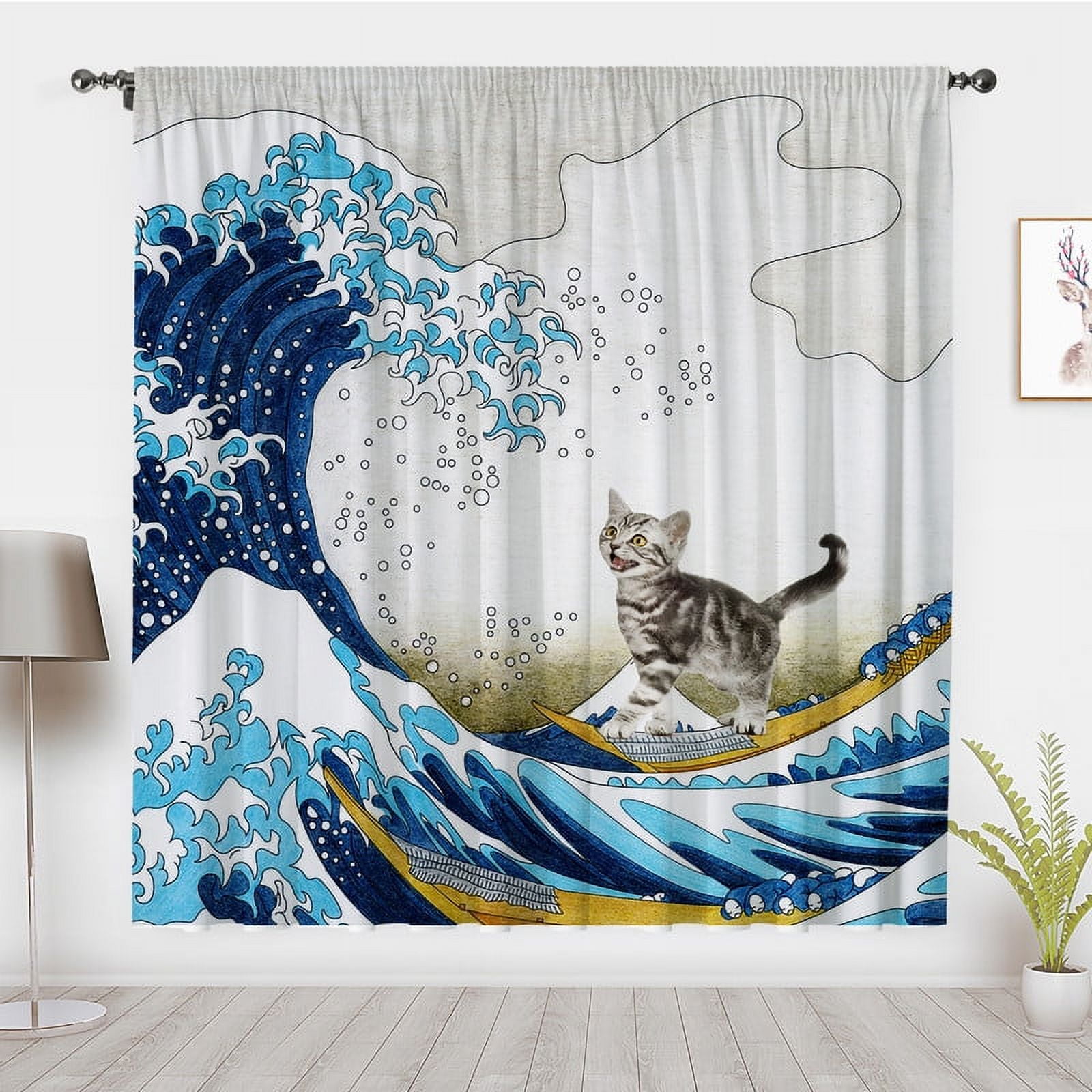 The Great Wave Off Kanagawa Window Curtains, Kitten Surfing Funny ...