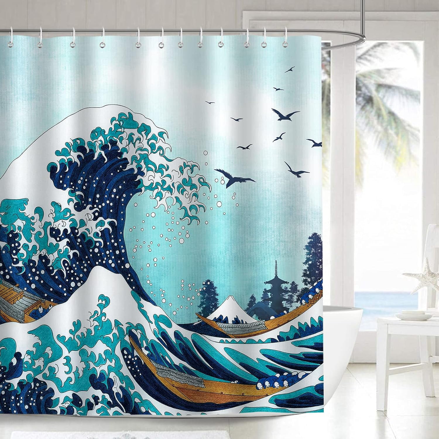 Great Wave Shower Curtain Japanese Kanagawa Ocean Waves Blue Decorative ...