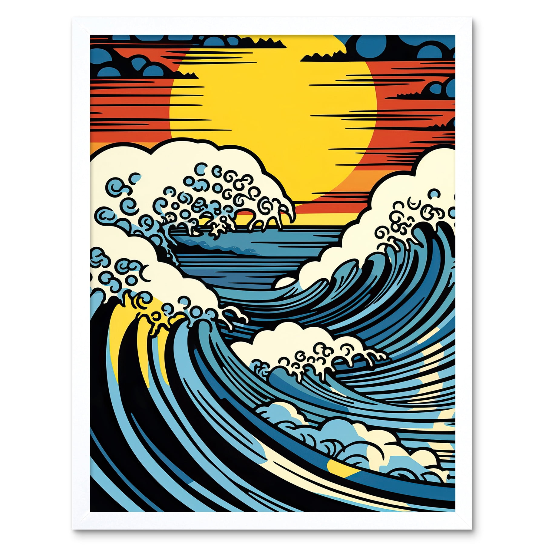Great Waves Linocut Comic Book Style Seascape Sunset Polka Dot Halftone ...
