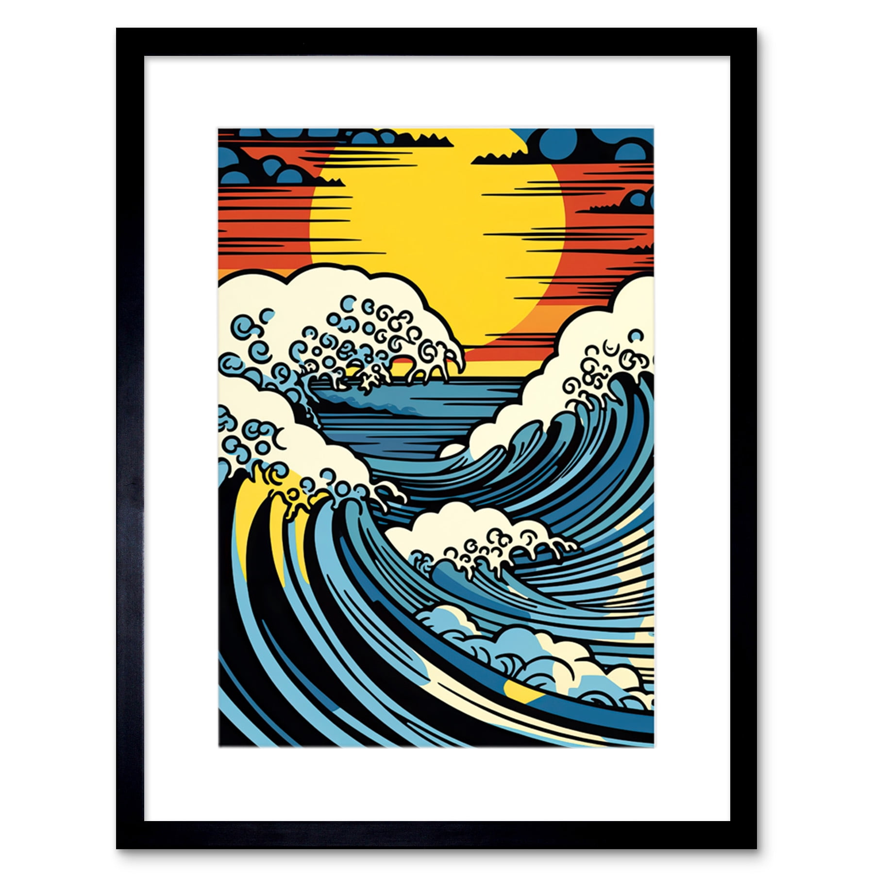 Great Waves Linocut Comic Book Style Seascape Sunset Polka Dot Halftone ...