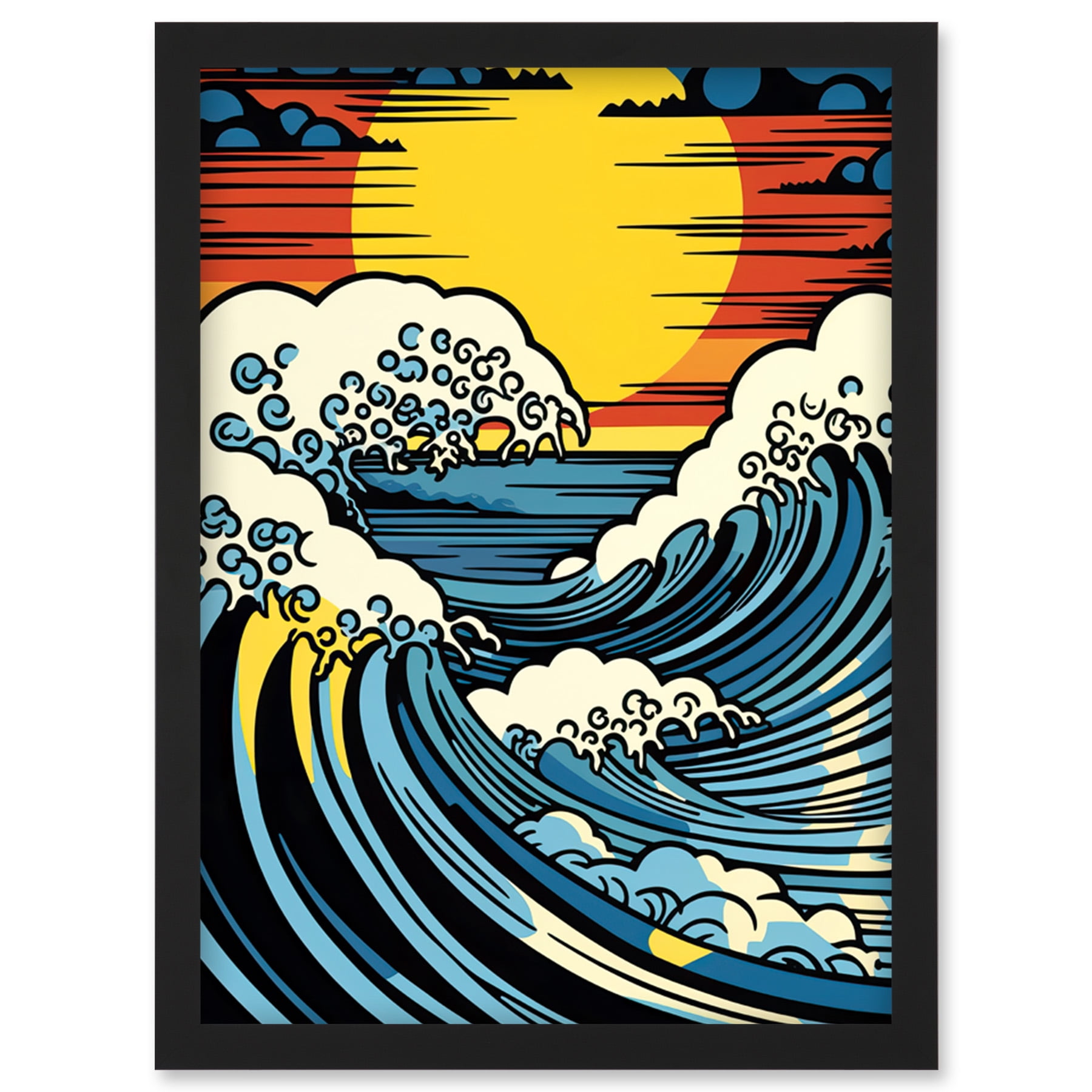 Great Waves Linocut Comic Book Style Seascape Sunset Polka Dot Halftone ...