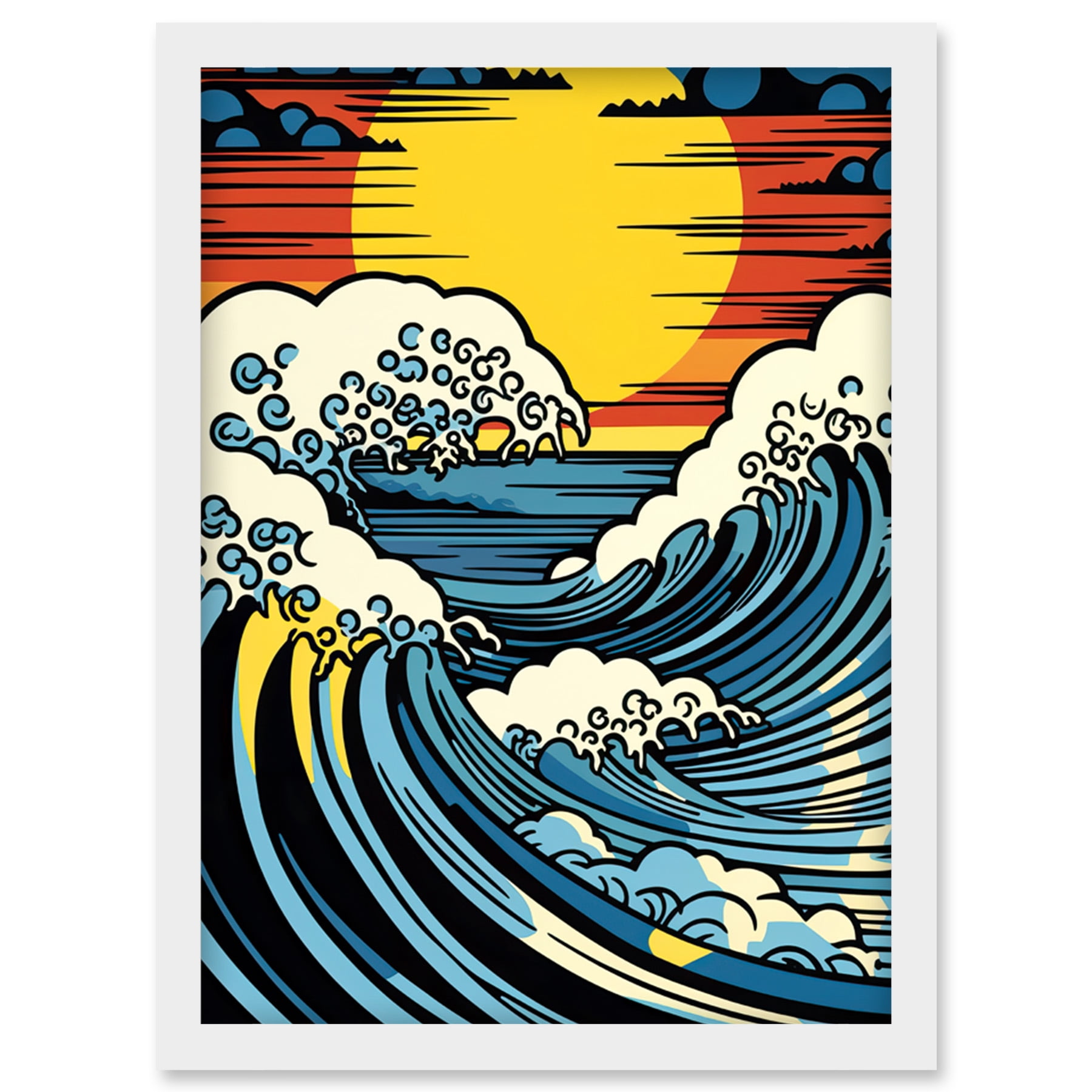 Great Waves Linocut Comic Book Style Seascape Sunset Polka Dot Halftone ...