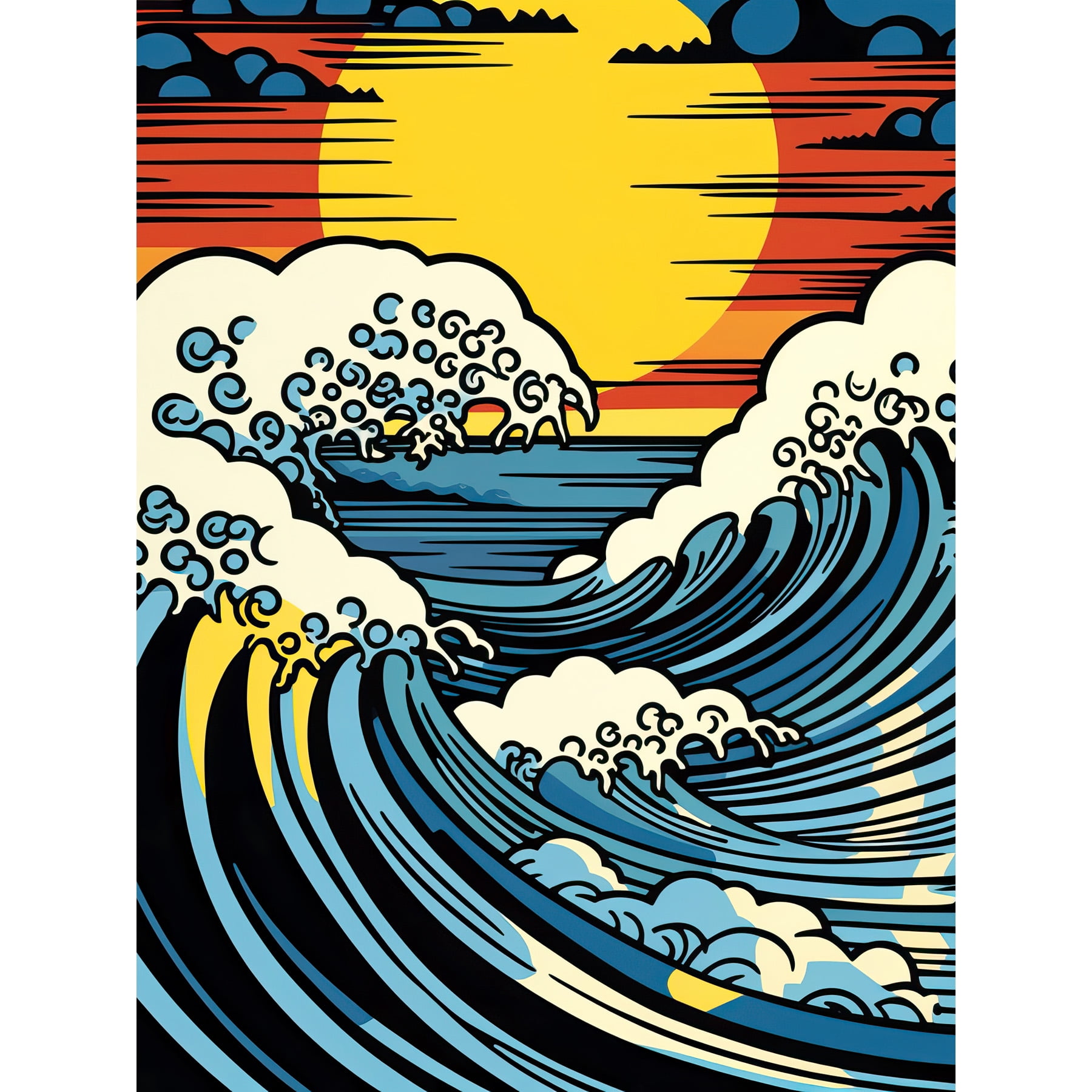 Great Waves Linocut Comic Book Style Seascape Sunset Polka Dot Halftone ...