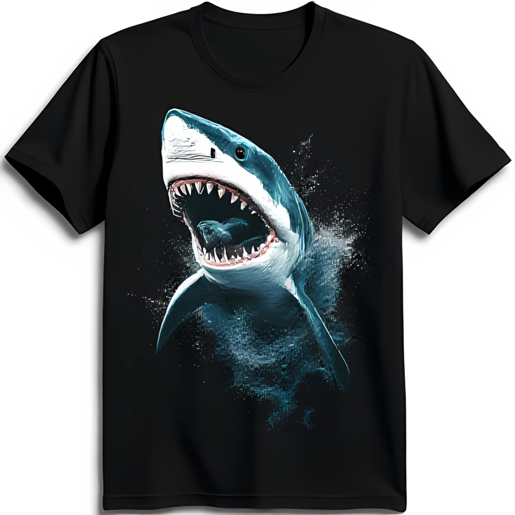 Great White Graphic Black T-Shirt Bold Ocean Design with Teeth ...